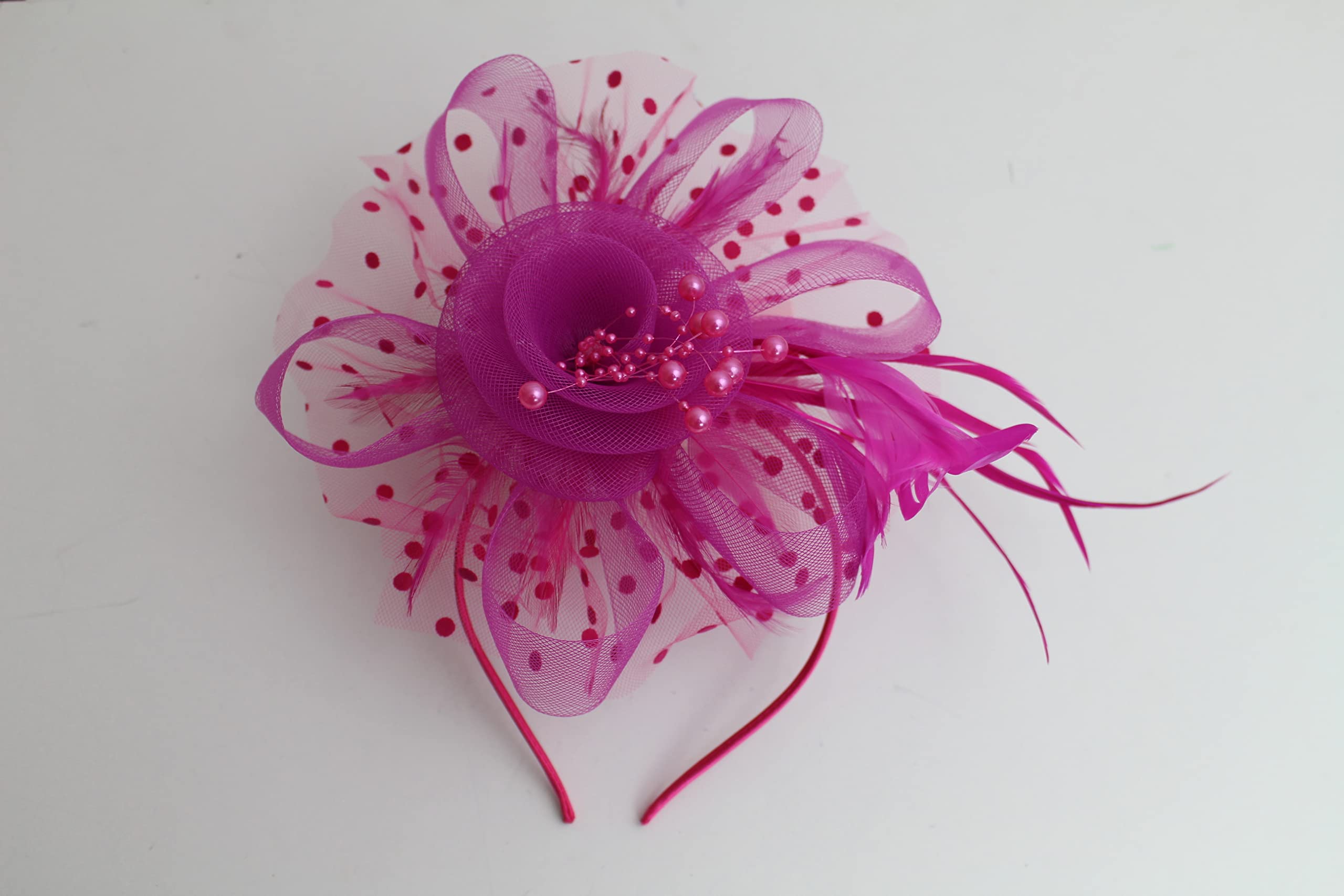 Fascinator Kentucky Hat for Women Tea Party Wedding.Church Derby Headband, 1920s Fascinator Hat with Clip-Hot Pink-01