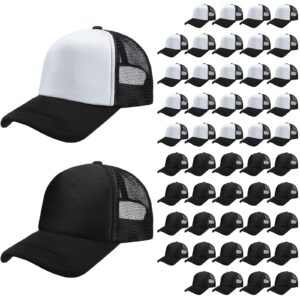 lasnten 48 pack unisex blank trucker hats sublimation baseball caps adjustable plain polyester mesh cap bulk for diy printing (black, white)