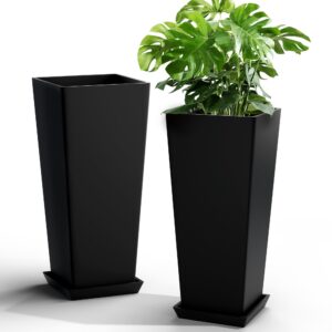 elevens set of 2 tall outdoor planters 24 inch, large planters for indoor outdoor plants, tapered square flower pots with tray for patio,black