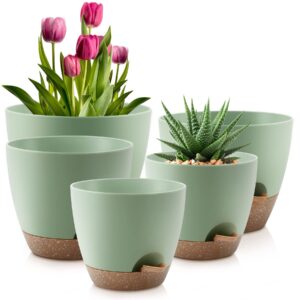 qrrica plant pots 10/9/8/7.5/7 inch self watering pots, set of 5 plastic planters with drainage holes and saucers,plastic flower pots,nursery planting pot for indoor out door plants（green）