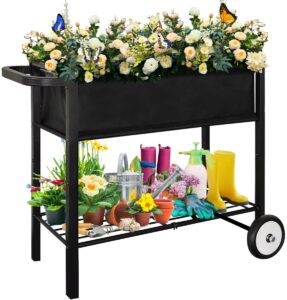 koutemie outdoor raised planter box with legs for gardening, elevated diy garden bed cart on wheels for vegetables flower tomato herb plant, black