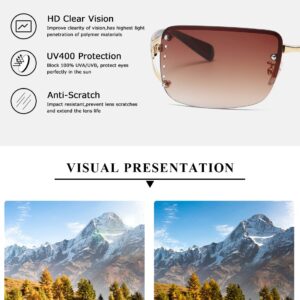 kimorn Rectangle Sunglasses for Women Men Stylish Rimless Frameless Trendy Retro Sun Glasses 90’s Vintage Square Frame K1314 (Gold Frame Gradient Brown & Grey Lens)