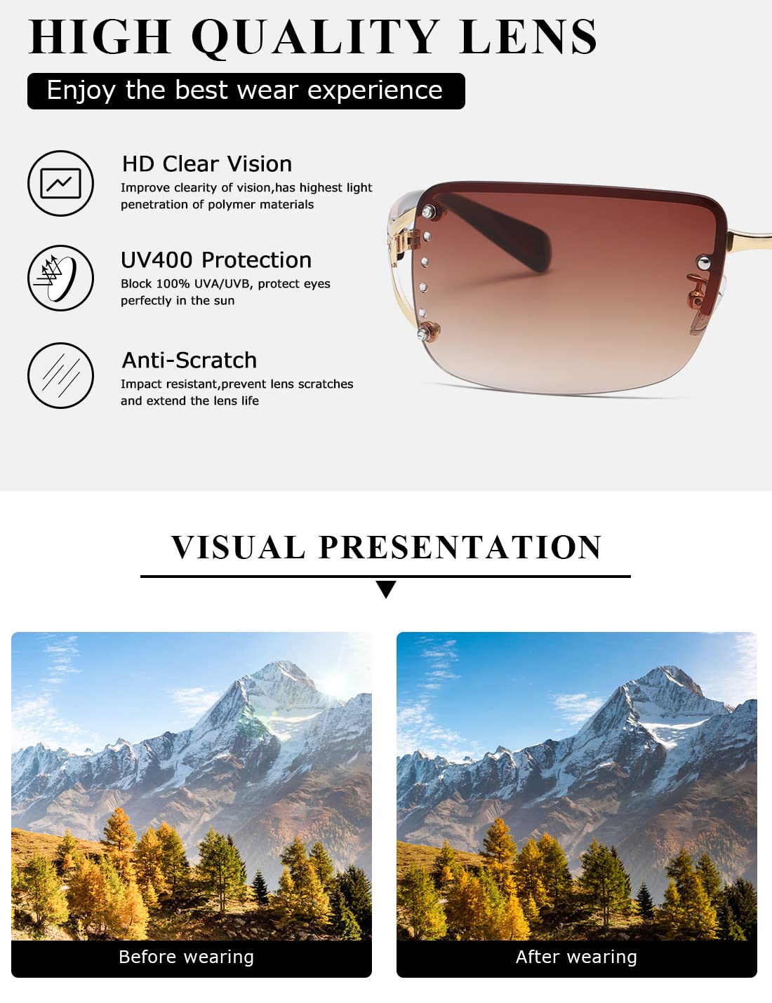 kimorn Rectangle Sunglasses for Women Men Stylish Rimless Frameless Trendy Retro Sun Glasses 90’s Vintage Square Frame K1314 (Gold Frame Gradient Brown & Grey Lens)