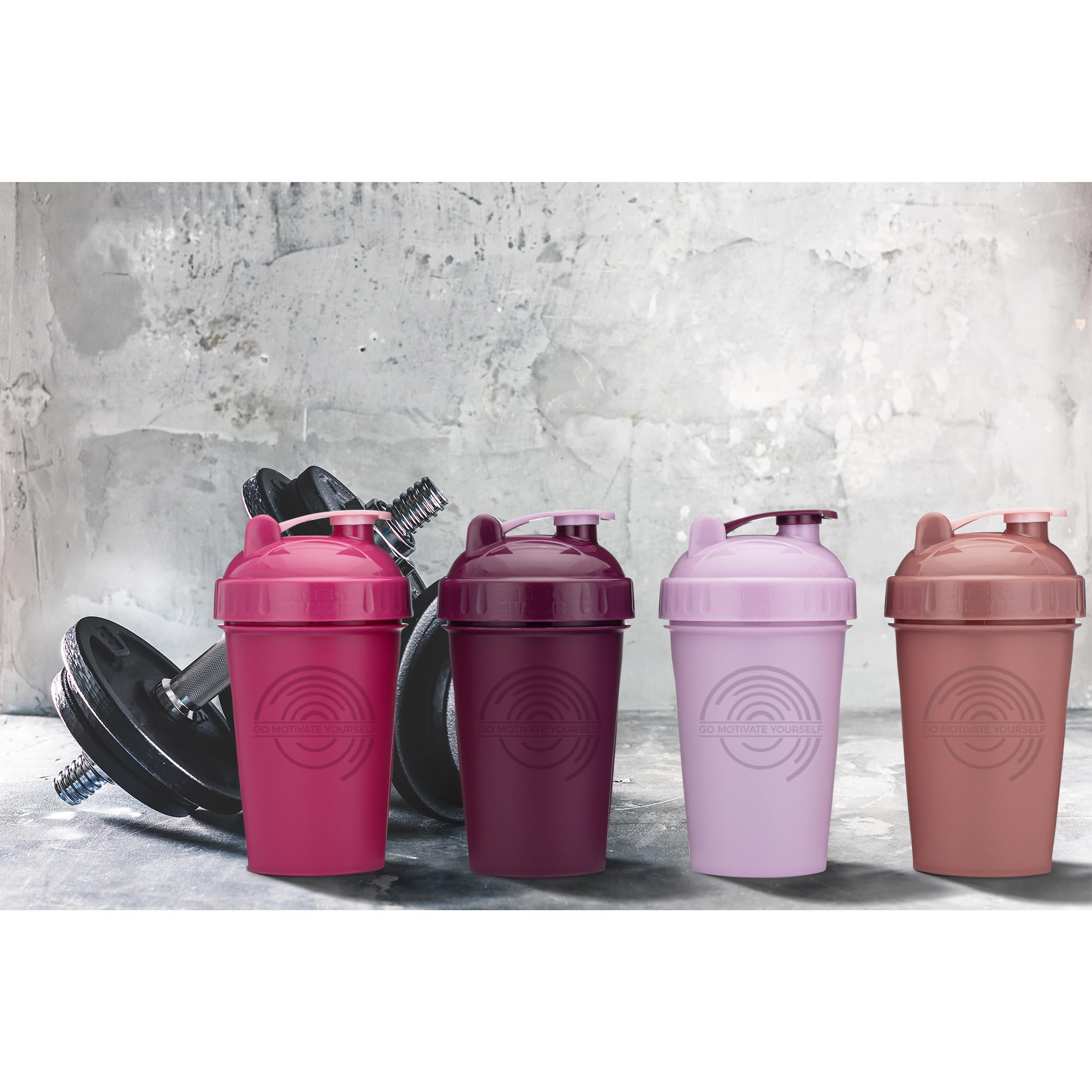 GOMOYO [4-Pack] 20 oz Protein Shaker Bottles | Women's Shaker Cups for Protein Shakes | Small Blender Shaker Bottle Set | Dishwasher Safe with 4x Action-Rod Wire Mixers | Pinks and Purples