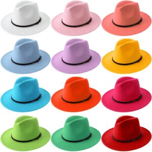 12 pcs classic wide brim hat for women bulk adjustable felt panama hat with belt buckle vintage wool wide brim hat(bright colors)