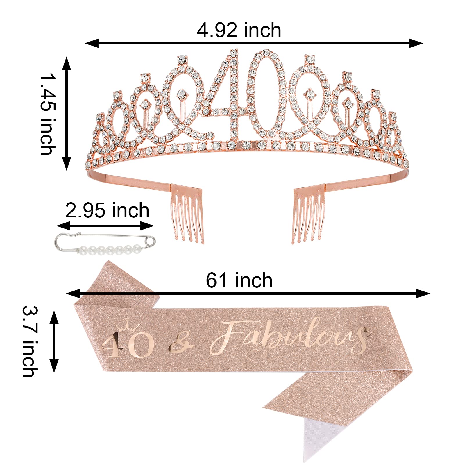 40th Birthday Sash & Rhinestone Crown Kit- Happy 40th Birthday Gifts Women 40th birthday decorations women (Rose gold)