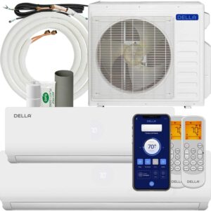 della 27k btu odu 2 dual zone 9000 18000 btu 19 seer2 208-230v cools up to 1400 sq.ft wifi multi zone ductless pre-charged mini split ac & heat pump work with alexa, 16ft installation kits