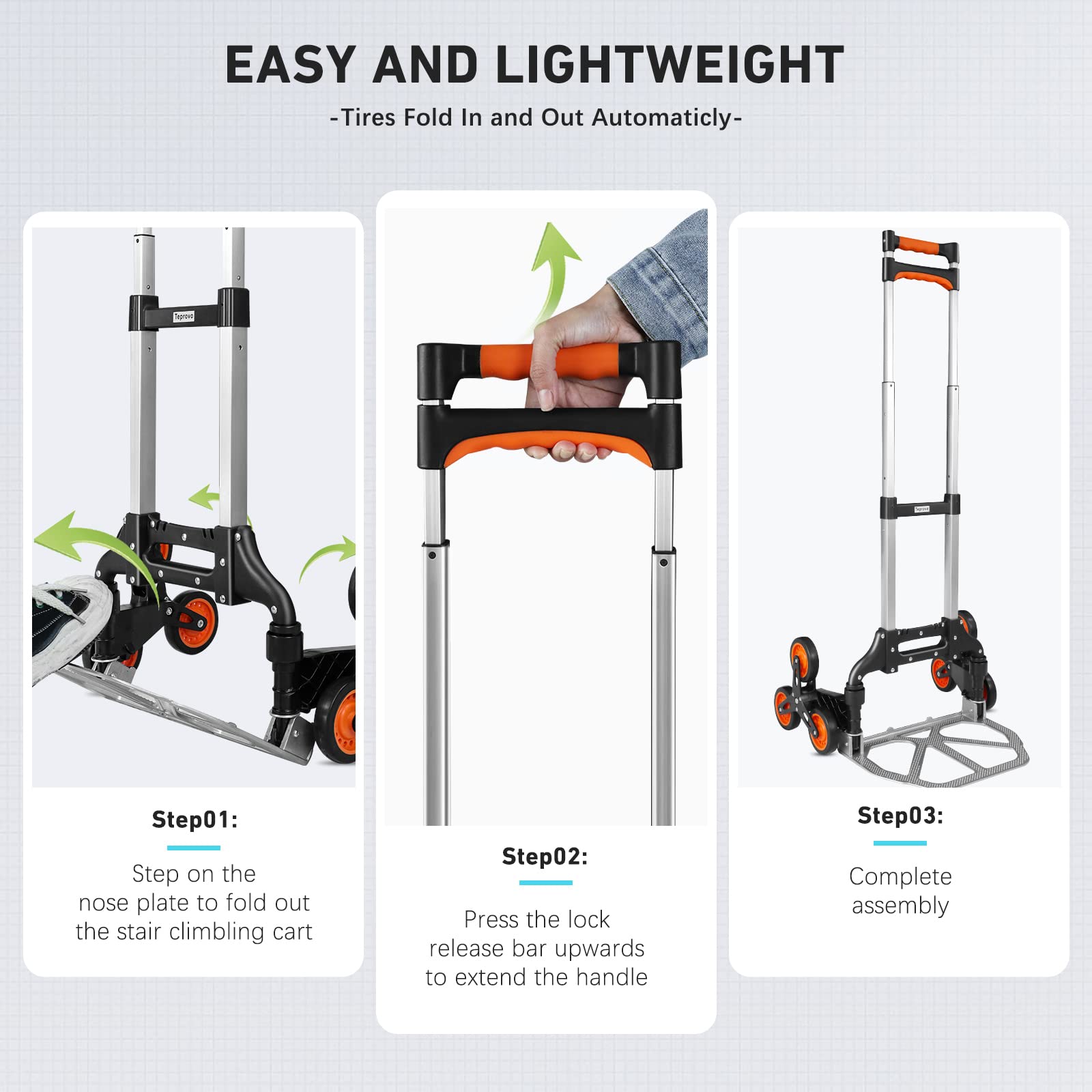 Stair Climbing cart Dolly Extended Handle by Teprovo,Aluminum Foldable Hand Truck Moving, Flat Floor Load capacity176 lb, Stair Climbing Dolly Load110 lb, Portable Trolley cart with Wheels