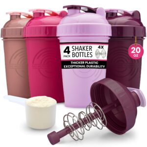 gomoyo [4-pack] 20 oz protein shaker bottles | women's shaker cups for protein shakes | small blender shaker bottle set | dishwasher safe with 4x action-rod wire mixers | pinks and purples