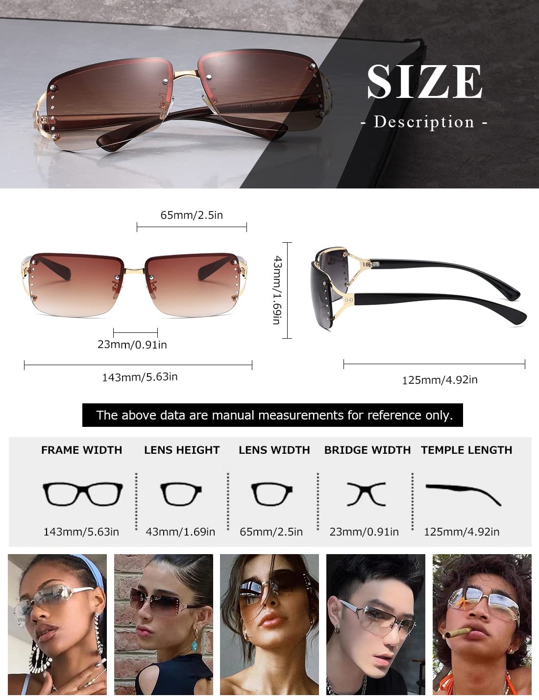 kimorn Rectangle Sunglasses for Women Men Stylish Rimless Frameless Trendy Retro Sun Glasses 90’s Vintage Square Frame K1314 (Gold Frame Gradient Brown & Grey Lens)