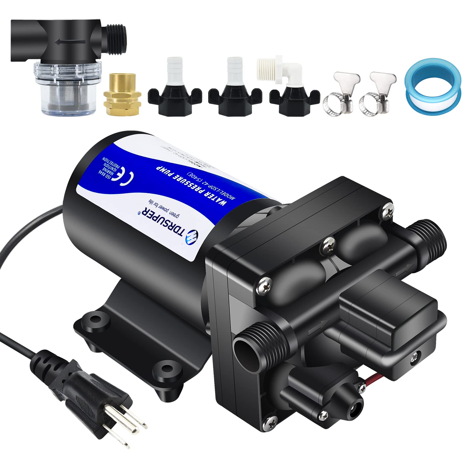 Tdrsuper Water Pressure Booster Pump, 110V AC Water Diaphragm Pump, 5.5GPM 75PSI with Power Plug, Self Priming RV Water Pump for Home Kitchen Bathroom RV Marine Yacht Garden Hose Black