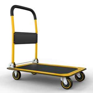 upgraded foldable push cart dolly | 330 lbs. capacity moving platform hand truck | heavy duty space saving collapsible | swivel push handle flat bed wagon - yellow