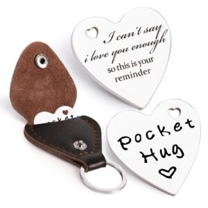 qunrwe pocket hug token & leather keychain,thinking of you gifts for women,miss you gift,i love you gifts,cheer up long distance gift,anniversary birthday graduation gifts for him boyfriend men women