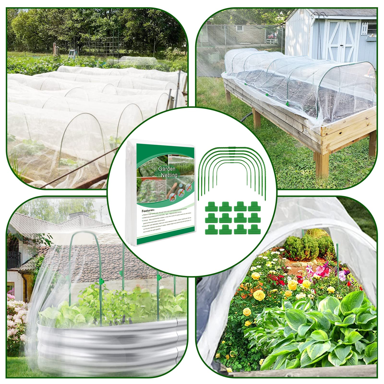 Garden Netting Kit, 6.5x10 ft Ultra Fine Mesh Netting with 6pcs Garden Hoops & 12 Clips, Protection Plant Covers for Raised Beds Vegetable Fruits Flowers Crop Greenhouse Row Cover