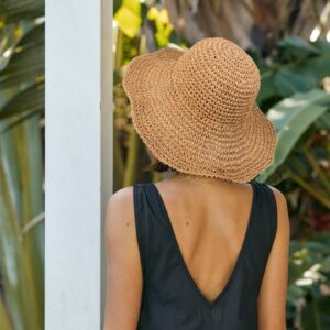 Women Crochet Floppy Straw Hat Soft Beach Sun Hat Travel Large Lady Bucket Hat Summer Foldable Medium Khaki