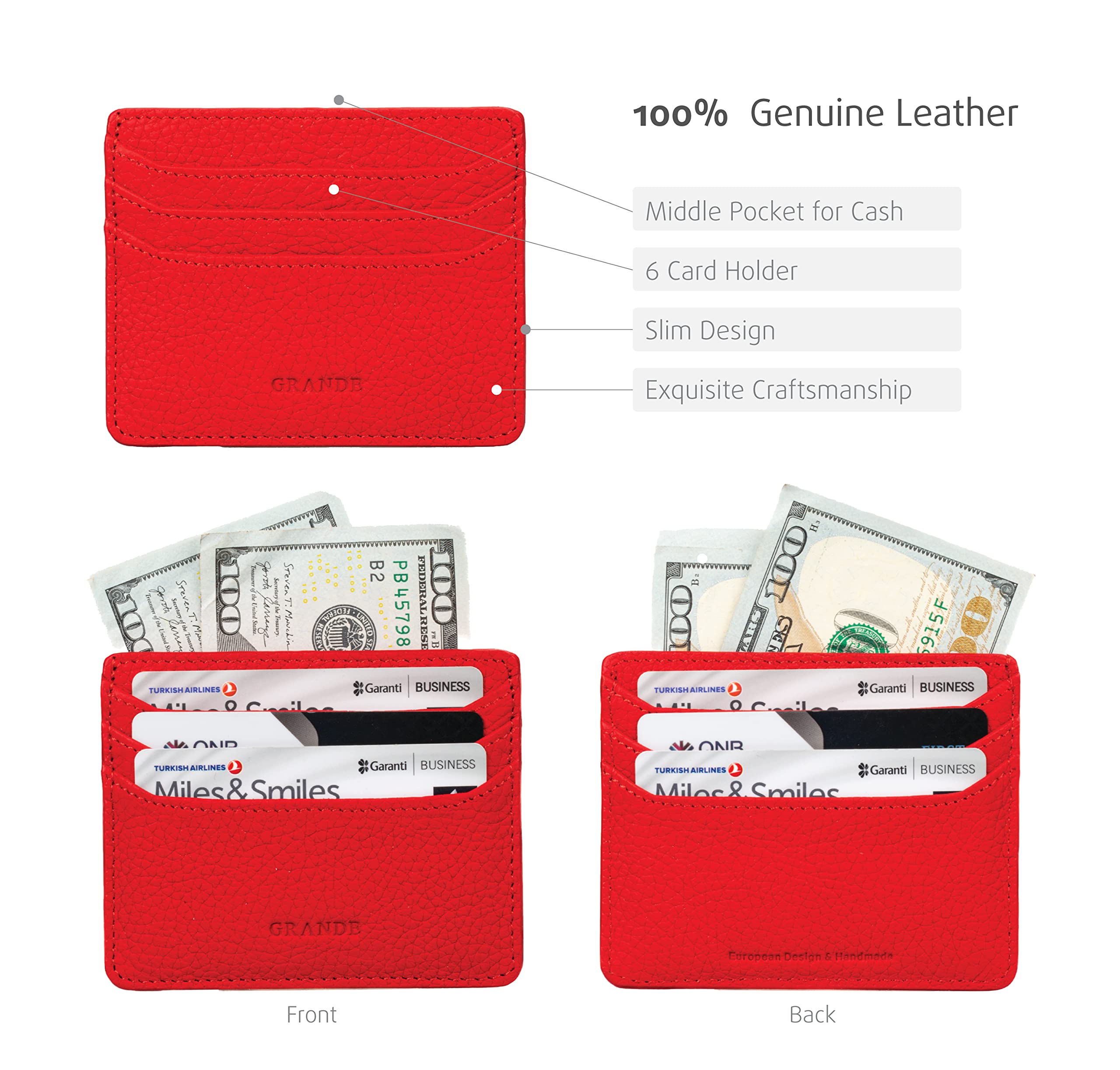 grande 3633 Genuine Leather Card Holder For Women and Men Super Slim Minimalist Small Snap Wallet (Red)