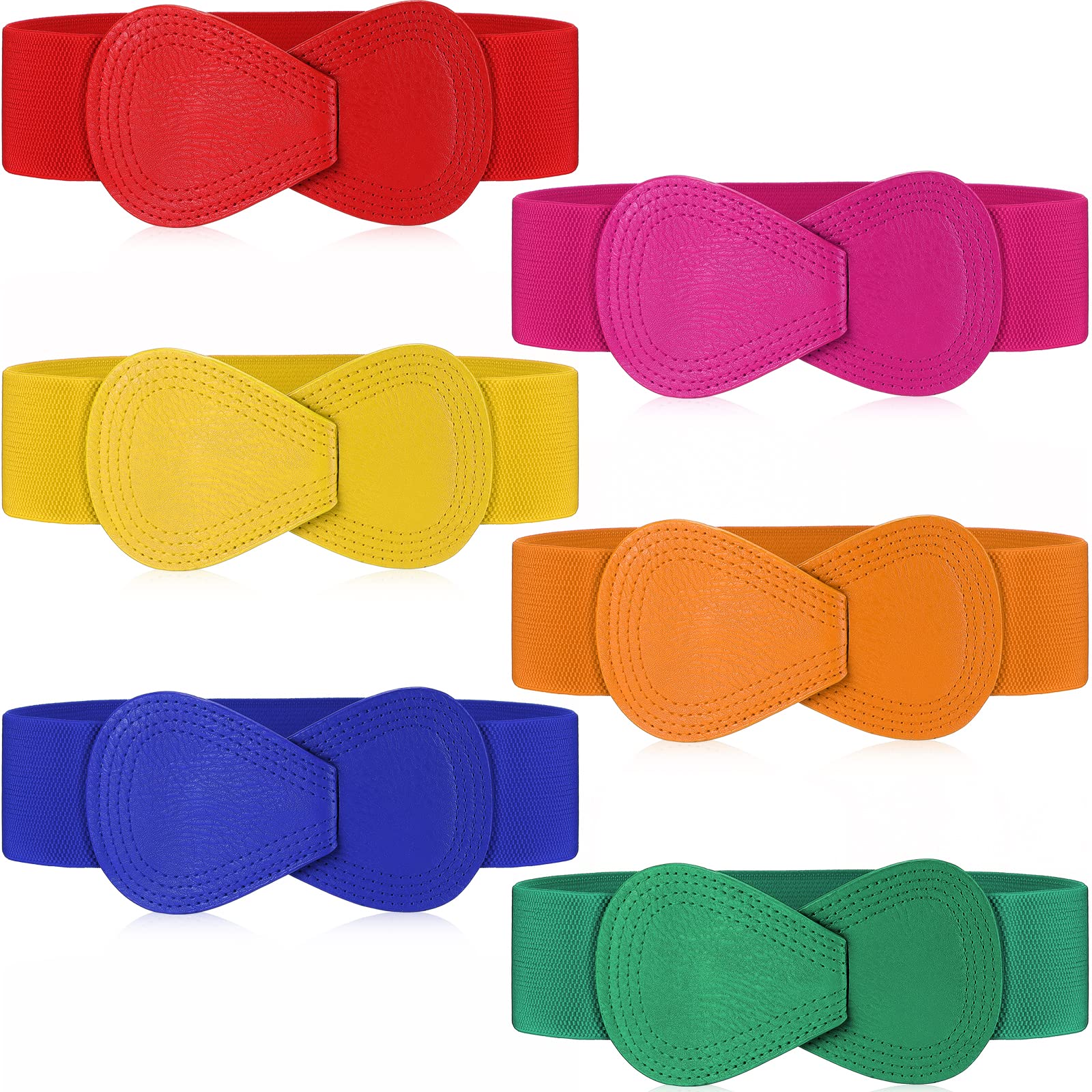 Wesiti 6 Pcs Stretch Belt for Women Dresses Wide Elastic Belt with Interlock Buckle, 6 Colors (Fresh Color, 8 Shaped)