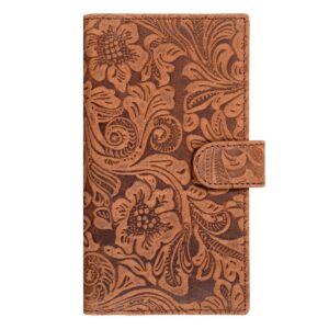 tan flower pattern | leather checkbook holder | gift for men and women | 5 credit card slots | 1 pen holder