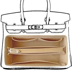 koppal purse organizer insert for birkin 25 bag, felt insert organizer with zipper, large capacity,women’s handbags shaper (25,beige)