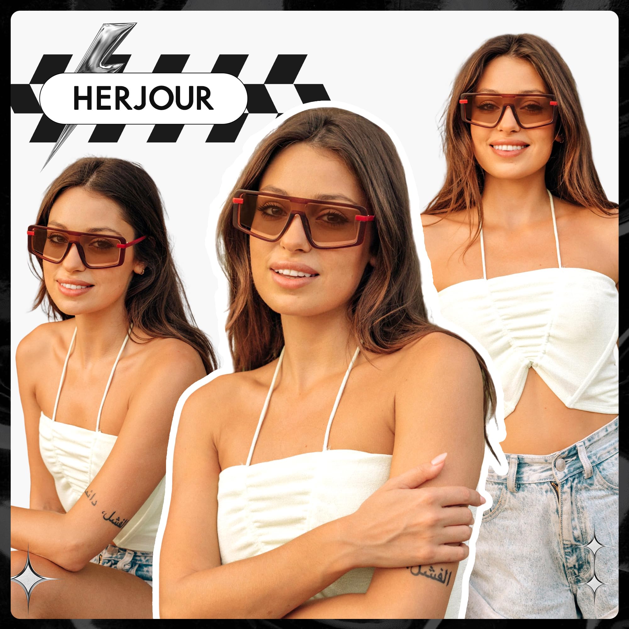 HERJOUR Retro Square Oversized Sunglasses for Women and Men Trendy Sun Glasses AR82157, Red Frame/Brown Lens