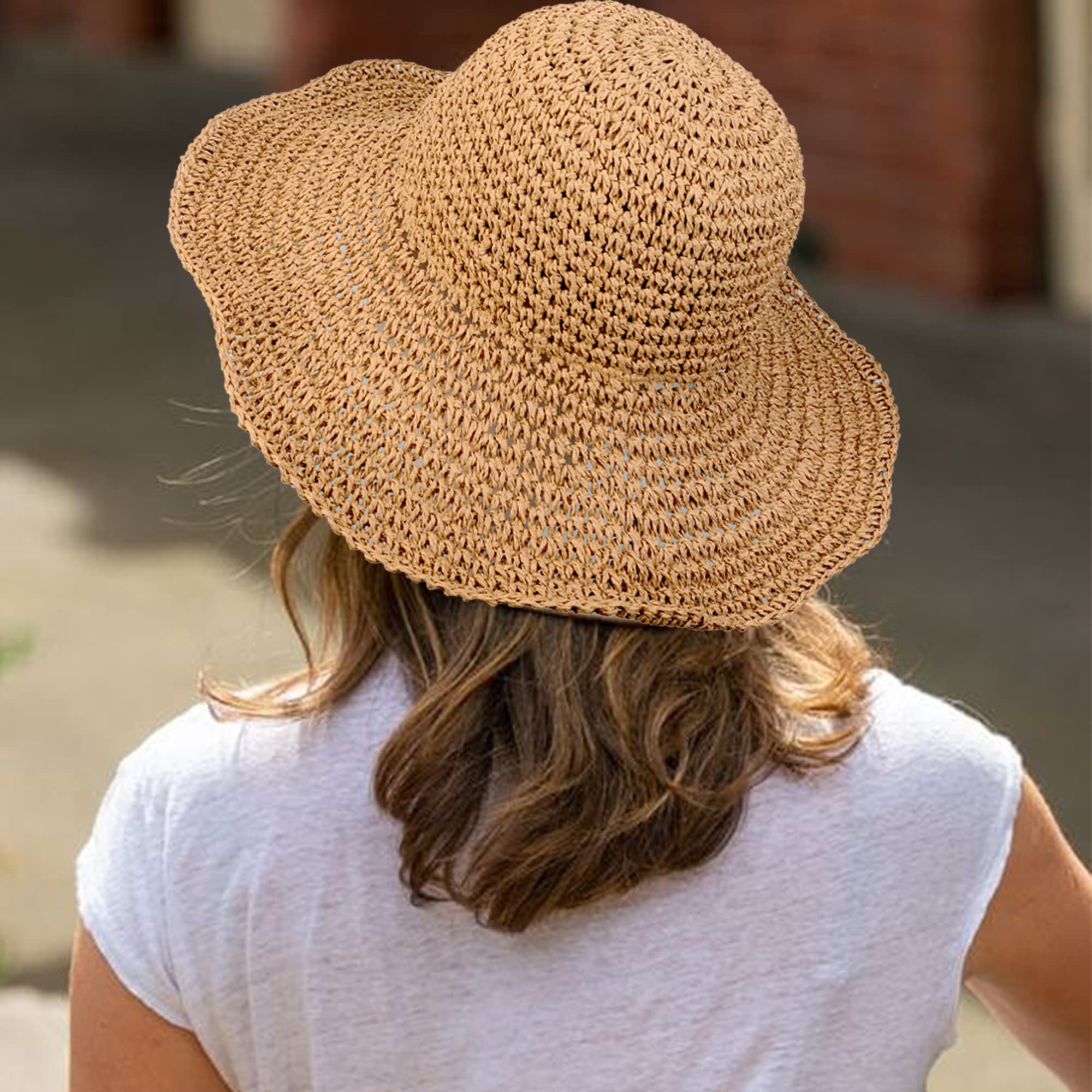 Women Crochet Floppy Straw Hat Soft Beach Sun Hat Travel Large Lady Bucket Hat Summer Foldable Medium Khaki