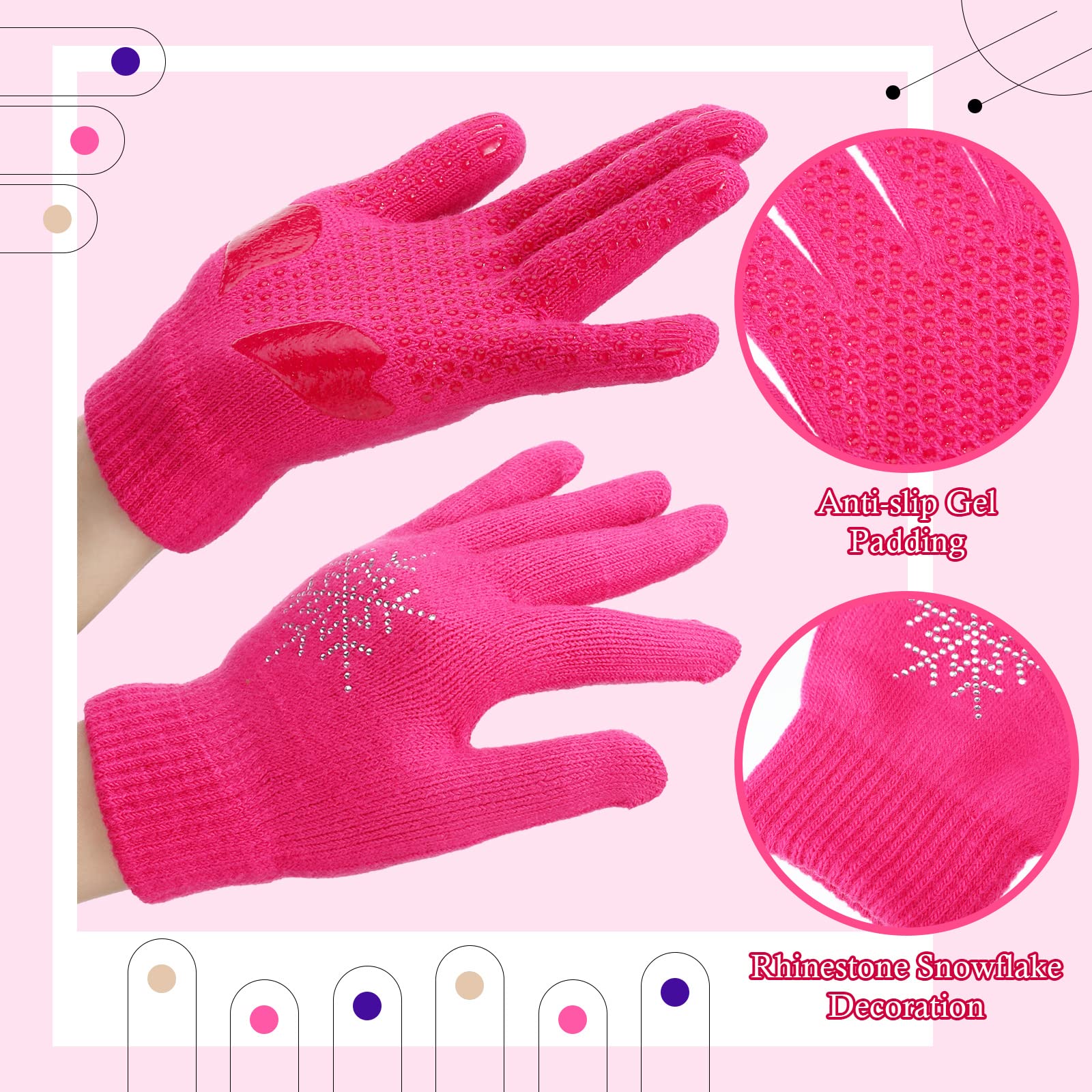 Jiuguva 3 Pairs Ice Skating Gloves Figure Skating Accessories Gloves with Snowflake Rhinestone Knit Gloves for Kid Girl (Skin Color, Purple, Pink)