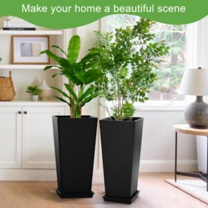 Elevens Set of 2 Tall Outdoor Planters 24 Inch, Large Planters for Indoor Outdoor Plants, Tapered Square Flower Pots with Tray for Patio,Black