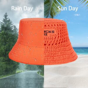 Unisex Crochet Bucket Hat - UPF 50 Sun Protection - Knit Bucket Hat for Men & Women, Reversible, Waterproof & Breathable Orange