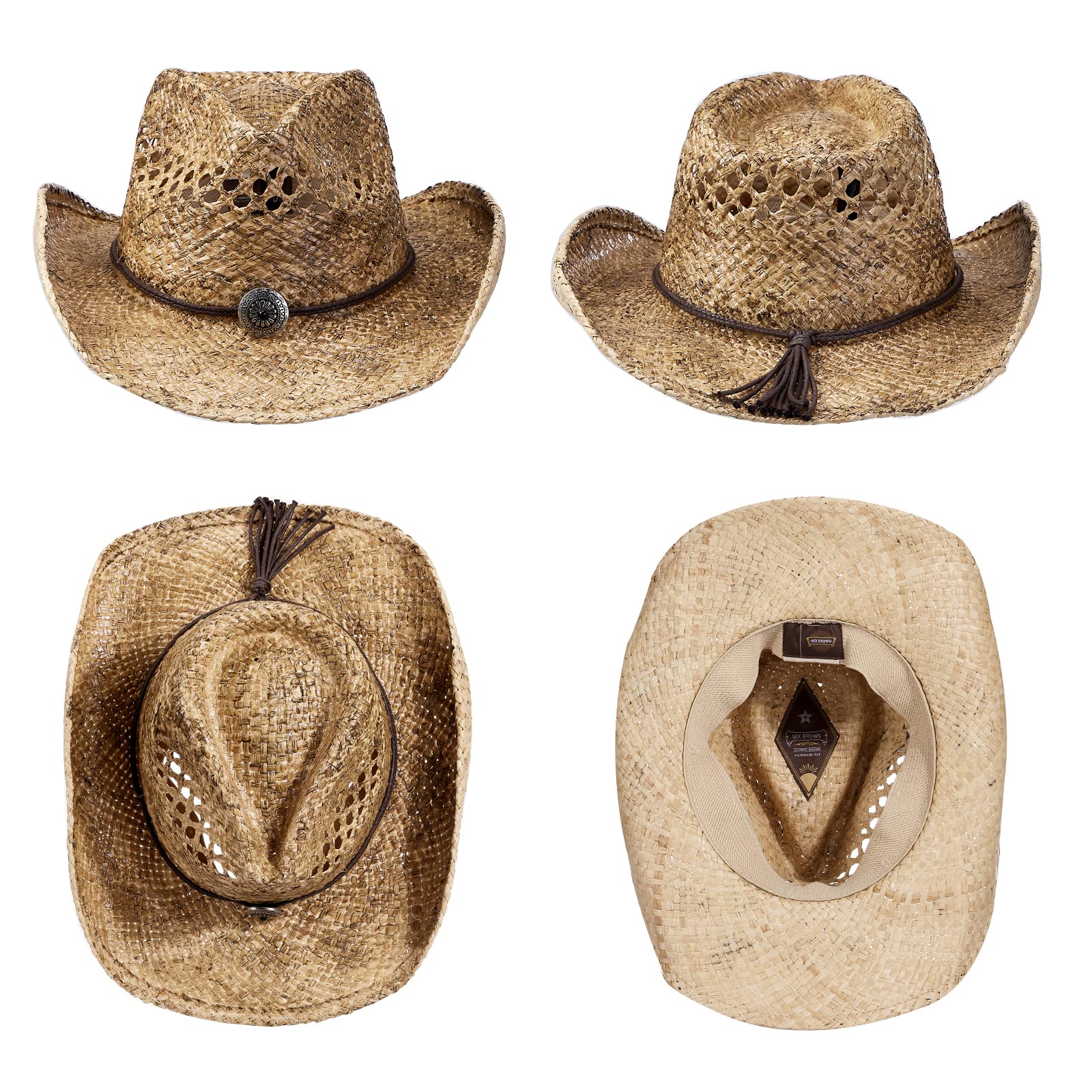 MIX BROWN Straw Cowboy Hat Western Hats for Women Cowgirl Sun Beach Hat Summer Outback Shapeable Wide Brim