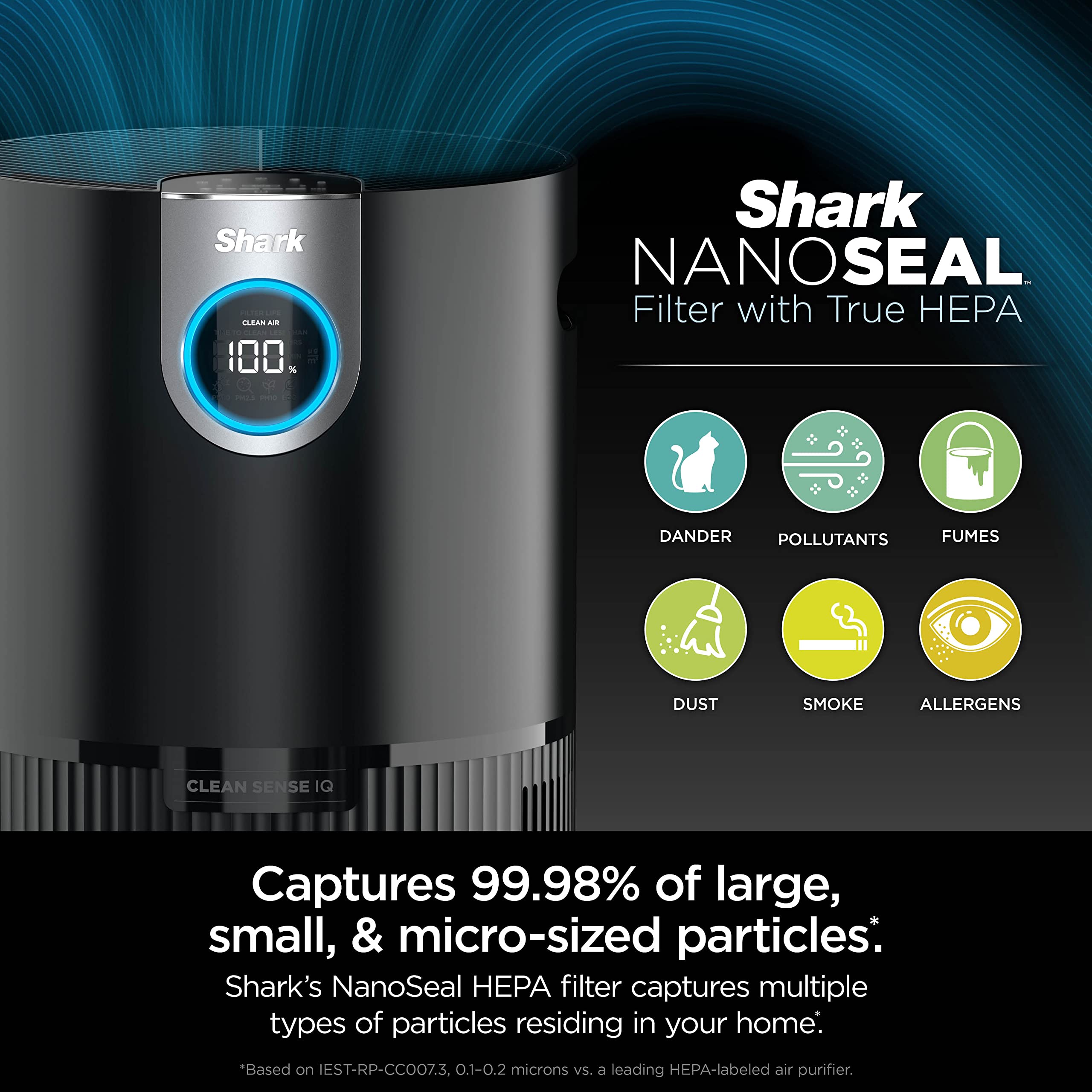 Shark Air Purifier MAX with NanoSeal HEPA, Cleansense IQ, Odor Lock, Cleans up to 1200 Sq. Ft. and 99.98% of particles, dust, allergens, smoke, 0.1–0.2 microns, Grey, HP202 (Renewed)