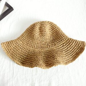 Women Crochet Floppy Straw Hat Soft Beach Sun Hat Travel Large Lady Bucket Hat Summer Foldable Medium Khaki