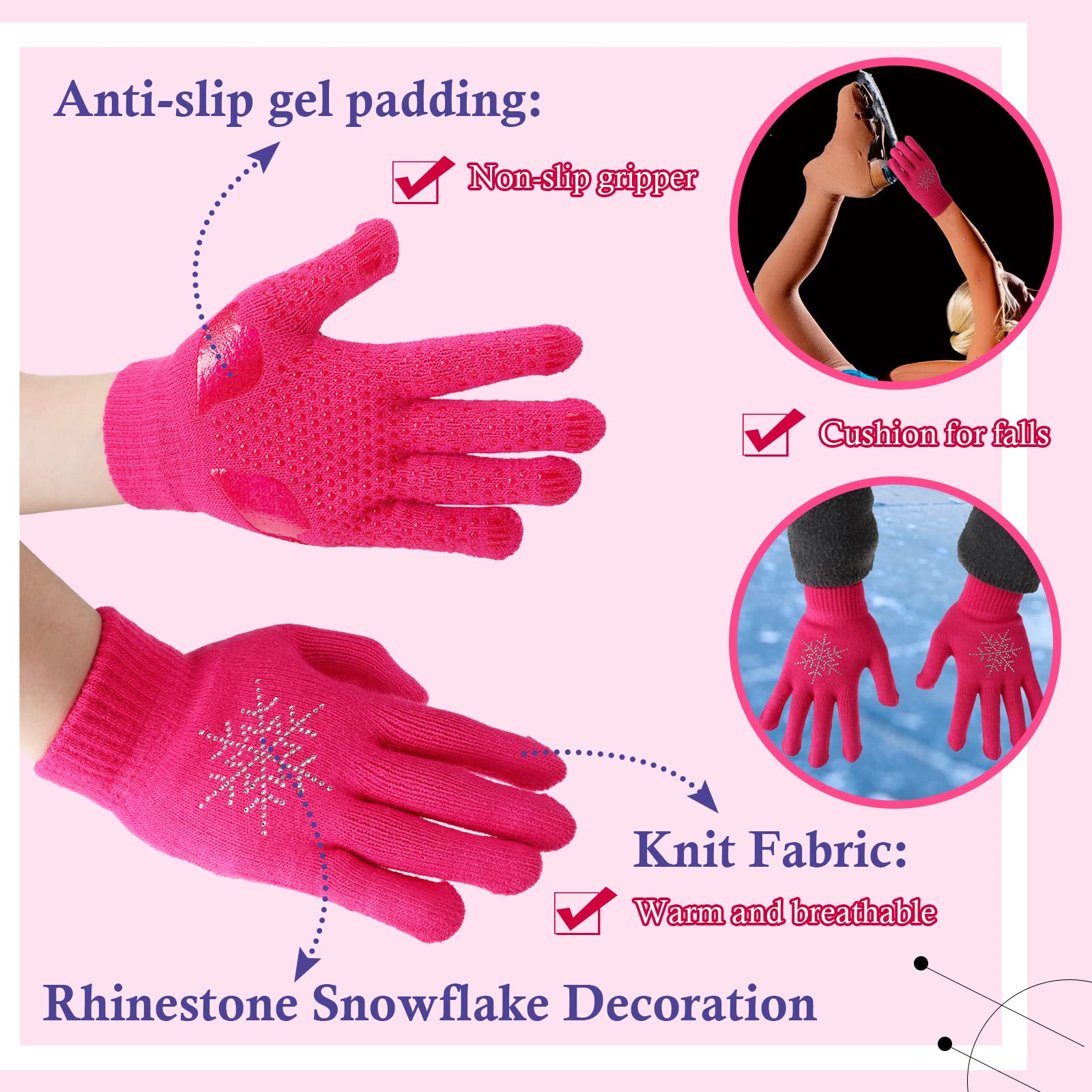 Jiuguva 3 Pairs Ice Skating Gloves Figure Skating Accessories Gloves with Snowflake Rhinestone Knit Gloves for Kid Girl (Skin Color, Purple, Pink)