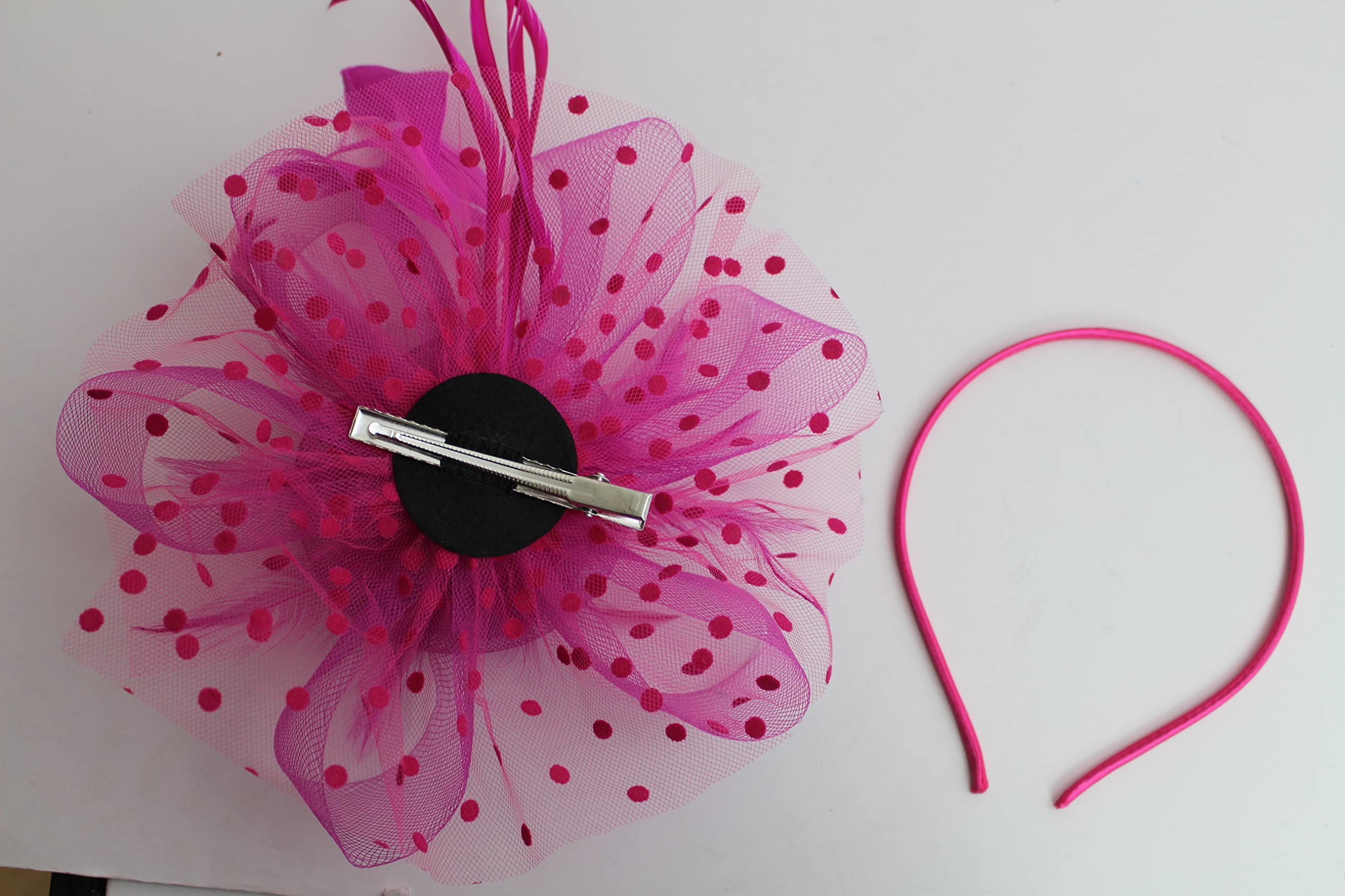 Fascinator Kentucky Hat for Women Tea Party Wedding.Church Derby Headband, 1920s Fascinator Hat with Clip-Hot Pink-01