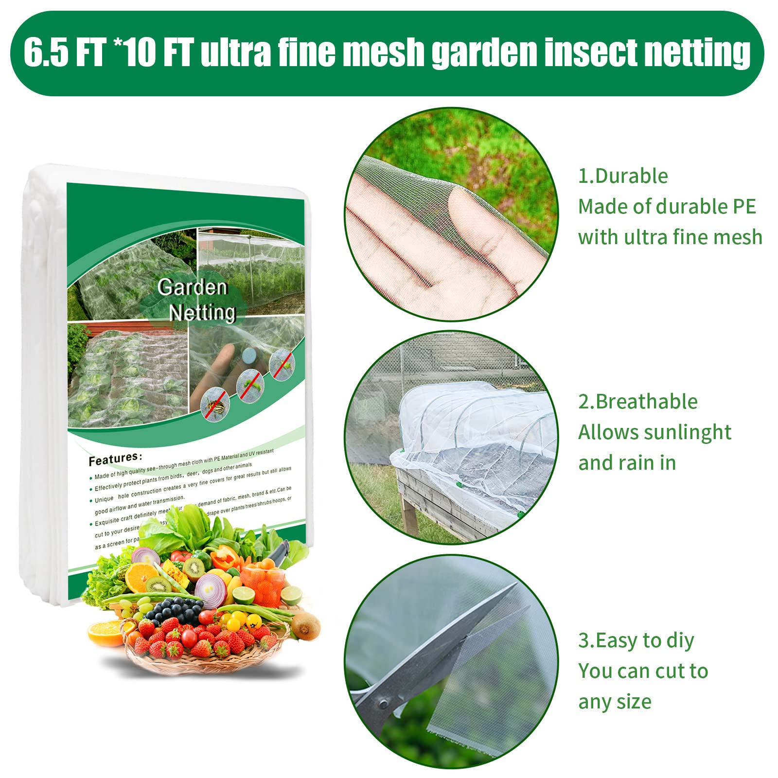 Garden Netting Kit, 6.5x10 ft Ultra Fine Mesh Netting with 6pcs Garden Hoops & 12 Clips, Protection Plant Covers for Raised Beds Vegetable Fruits Flowers Crop Greenhouse Row Cover