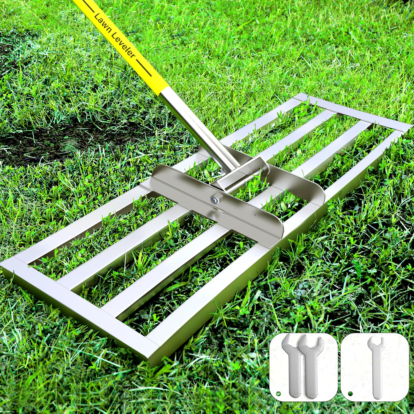 Lawn Leveling Rake, 30 x 10 inch Lawn Leveler Rake with Adjustable Stainless Steel Handle, Lawn Level Tool for Soil with Handle for Yard, Garden, Golf Leveling, 6.5FT