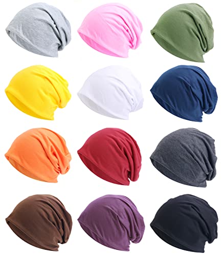 Tergy 12 Pieces Unisex Beanie Hats for Men Women Slouchy Beanie Hip-Hop Caps Lighweight Soft Skull Caps for Chemo Sleep (Polyester, Multicolor)