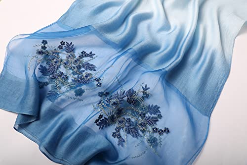 WINCESS.YU Silk Scarf for Women Lightweight Shawls and Wraps for Weddings Fashion Pashmina Shawl Embroidered Scarves (Blue)