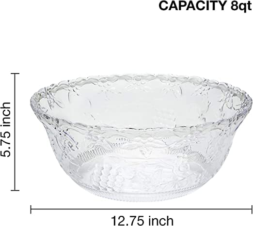 S.G Premium Quality Plastic Punch Bowl with Ladle - 2 Gallon Punch Bowl with Ladle - Embroidered Design 8 Quart large Serving Bowl with 5 oz Plastic Serving Ladle/Spoon for Parties, Holidays, and more