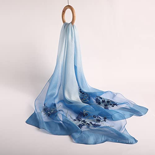 WINCESS.YU Silk Scarf for Women Lightweight Shawls and Wraps for Weddings Fashion Pashmina Shawl Embroidered Scarves (Blue)