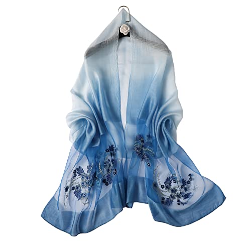 WINCESS.YU Silk Scarf for Women Lightweight Shawls and Wraps for Weddings Fashion Pashmina Shawl Embroidered Scarves (Blue)