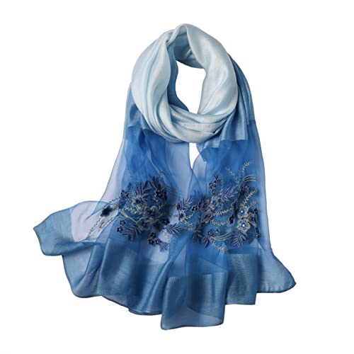 WINCESS.YU Silk Scarf for Women Lightweight Shawls and Wraps for Weddings Fashion Pashmina Shawl Embroidered Scarves (Blue)