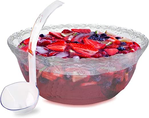 S.G Premium Quality Plastic Punch Bowl with Ladle - 2 Gallon Punch Bowl with Ladle - Embroidered Design 8 Quart large Serving Bowl with 5 oz Plastic Serving Ladle/Spoon for Parties, Holidays, and more