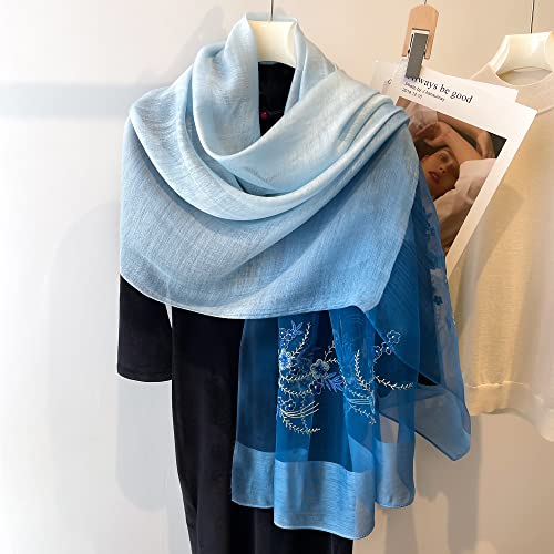 WINCESS.YU Silk Scarf for Women Lightweight Shawls and Wraps for Weddings Fashion Pashmina Shawl Embroidered Scarves (Blue)