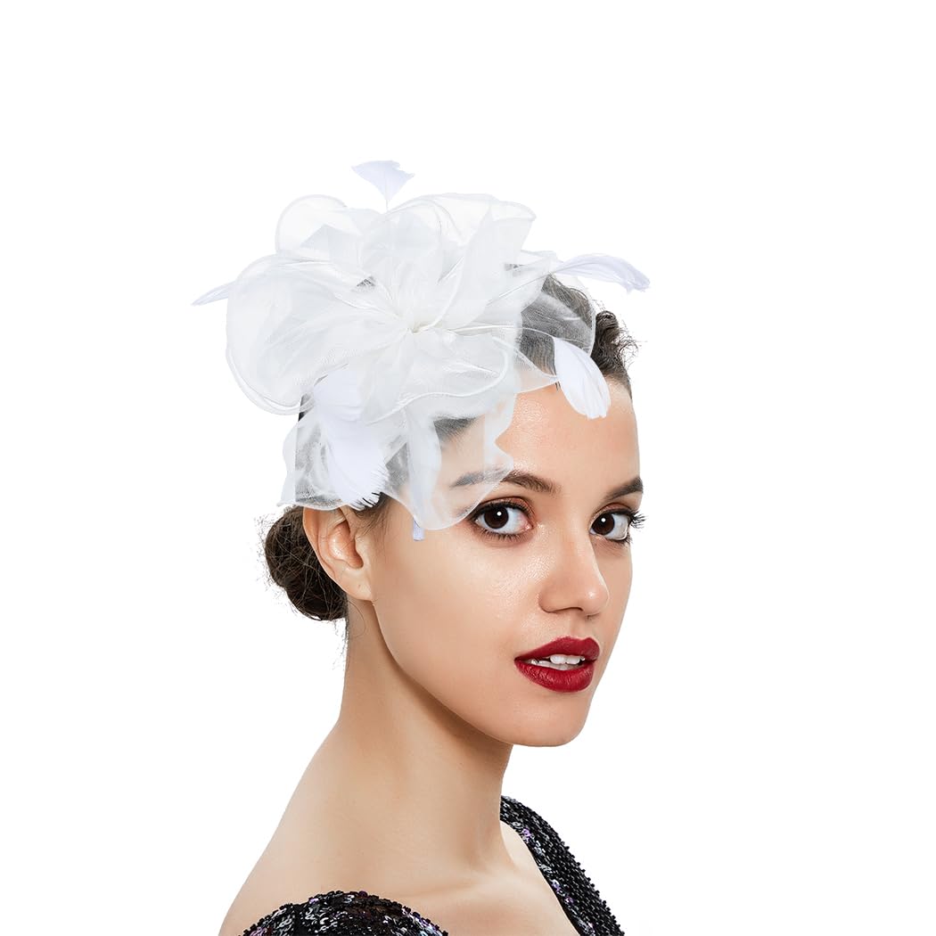 Yokawe Fascinators Hat for Women Tea Party Hats Ribbons Feathers Headband Kentucky Derby Hair Clip for Cocktail Wedding (White)