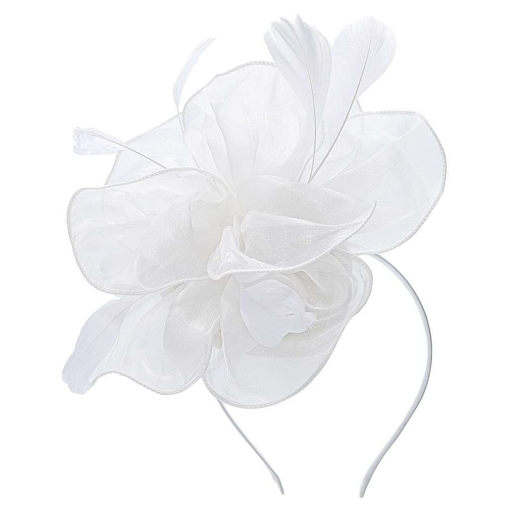 Yokawe Fascinators Hat for Women Tea Party Hats Ribbons Feathers Headband Kentucky Derby Hair Clip for Cocktail Wedding (White)