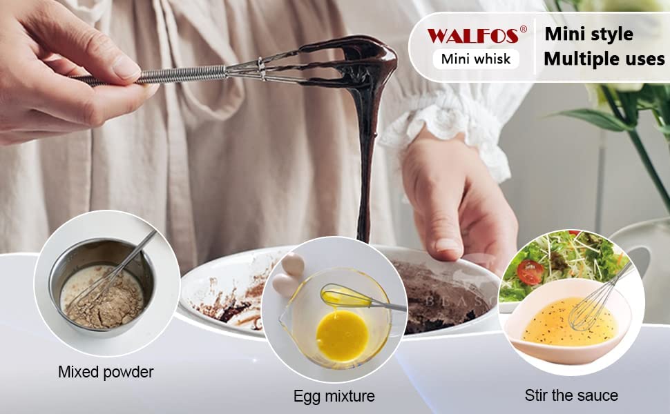 Walfos Mini Whisk,Non-Rust Whisk,304 Stainless steel Small Whisk.Heat Resistant 450℉.6+8Inch Tiny whisk Nice for Whisking, Blending Ingredients, Beating, Mixing Sauces (Silver)