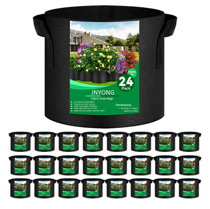 JNYONG 24-Pack 5 Gallon Thickened Non-Woven Grow Bags, Aeration Fabric Pots with Handles