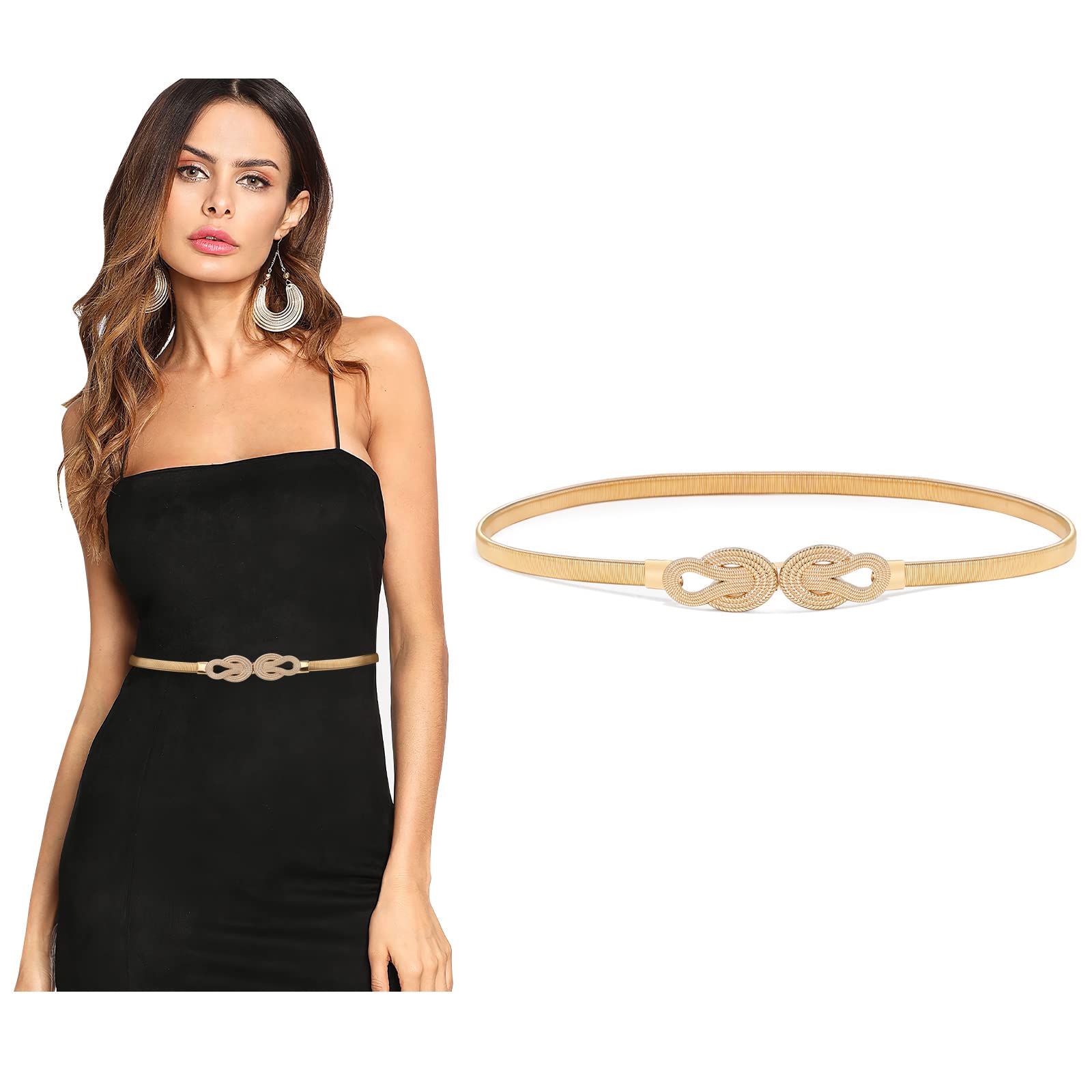 LEACOOLKEY Women Metal Skinny Belt for Dress Gold Elastic Thin Waist Belt Stretch Dress Belt