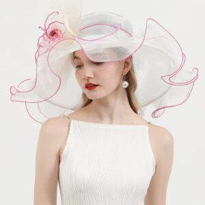 RZTA Women's Kentucky Derby Church Dress Hat Wide Brim Leaf Flower Bridal Shower Hat 01White,Pink