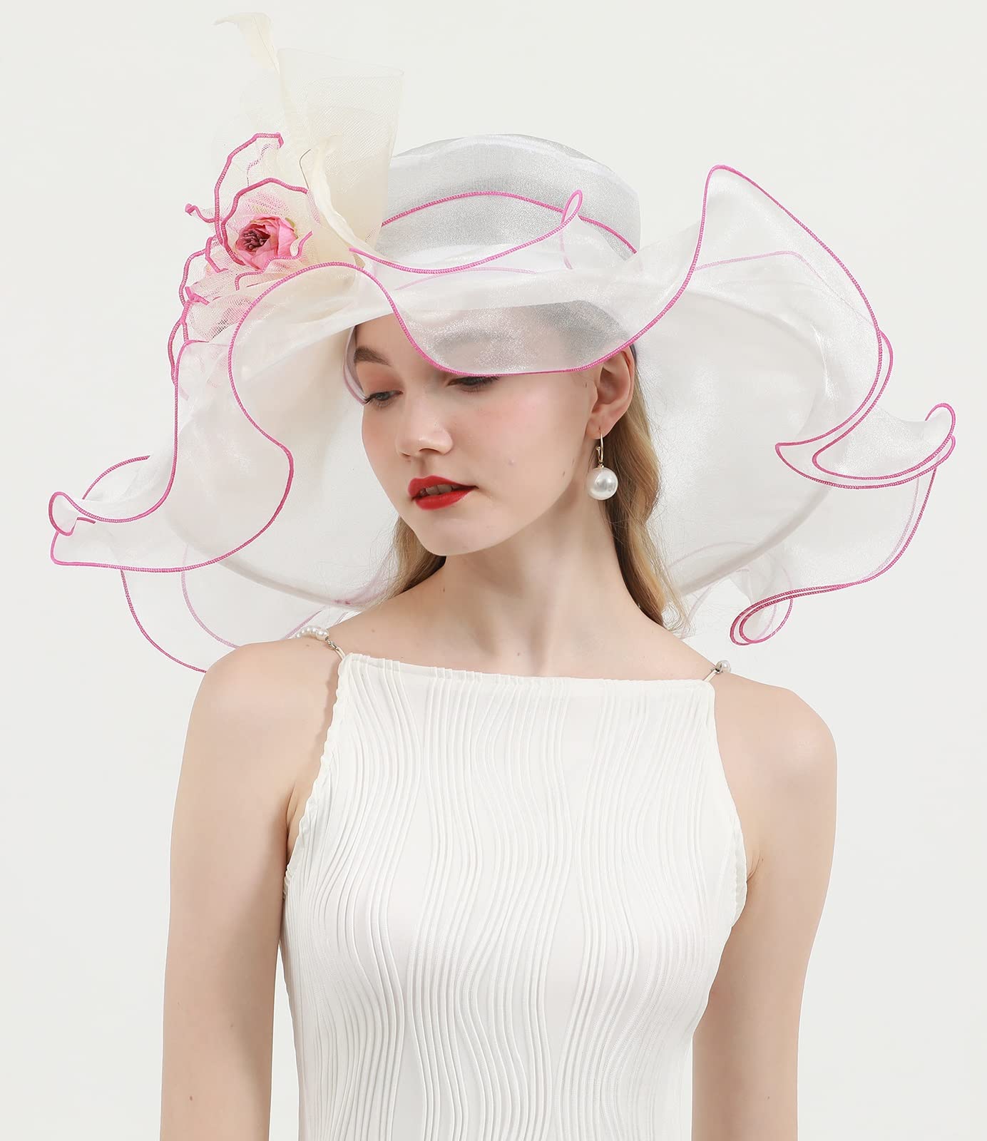 RZTA Women's Kentucky Derby Church Dress Hat Wide Brim Leaf Flower Bridal Shower Hat 01White,Pink